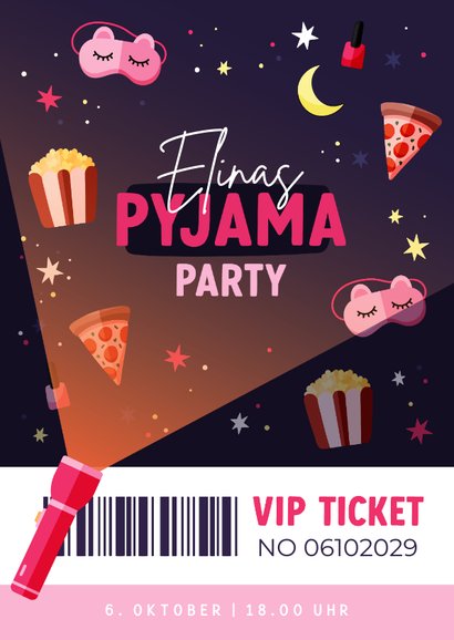 Einladung Pyjamaparty rosa VIP-Ticket | Send a Smile