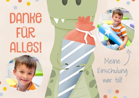 Foto-Dankeskarte zur Einschulung Dino mit | Send a Smile