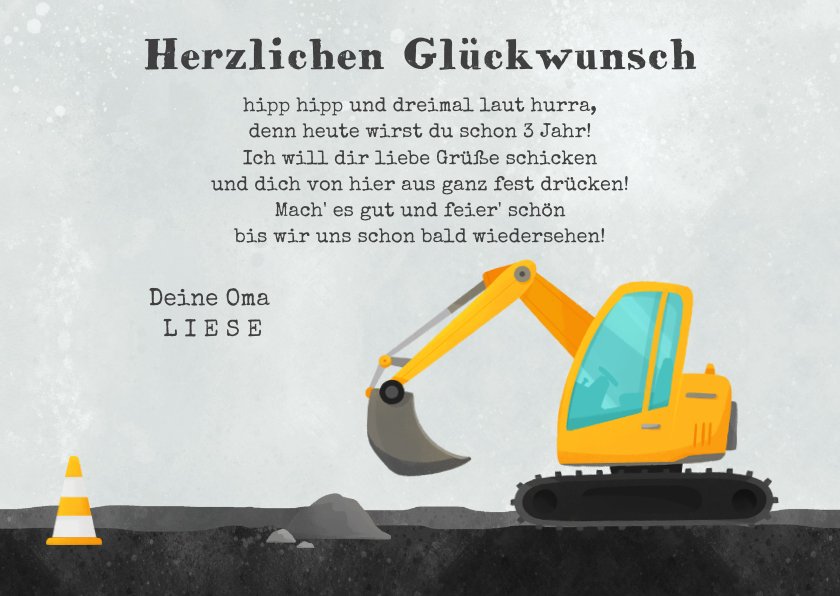 Geburtstagskarte 3. Geburtstag mit Bagger | Send a Smile