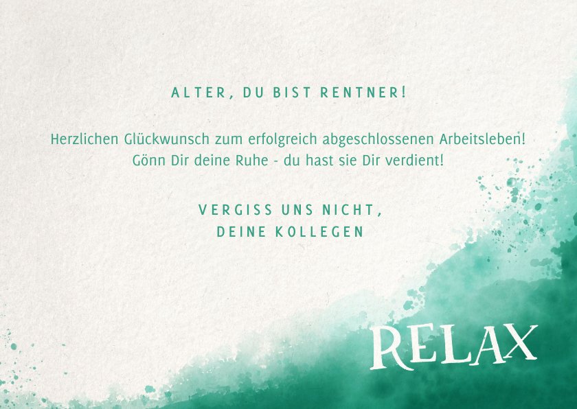 Glückwunschkarte Rente Lettering Relax | Send a Smile