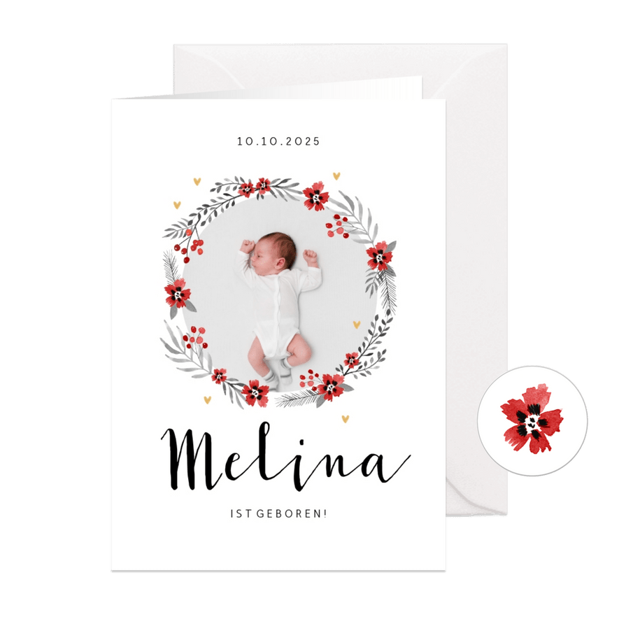 Danksagung Geburt Foto in Blumenkranz | Send a Smile